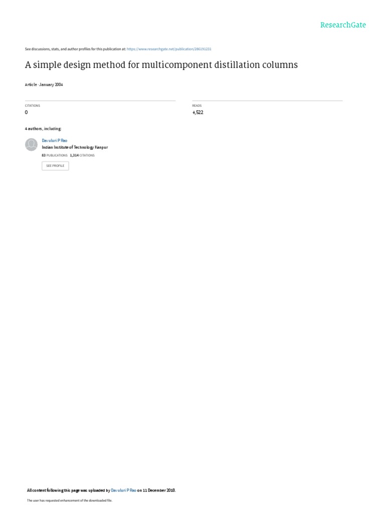 A Simple Design Method For Multicomponent Distillation Columns | PDF | Distillation | Physical ...