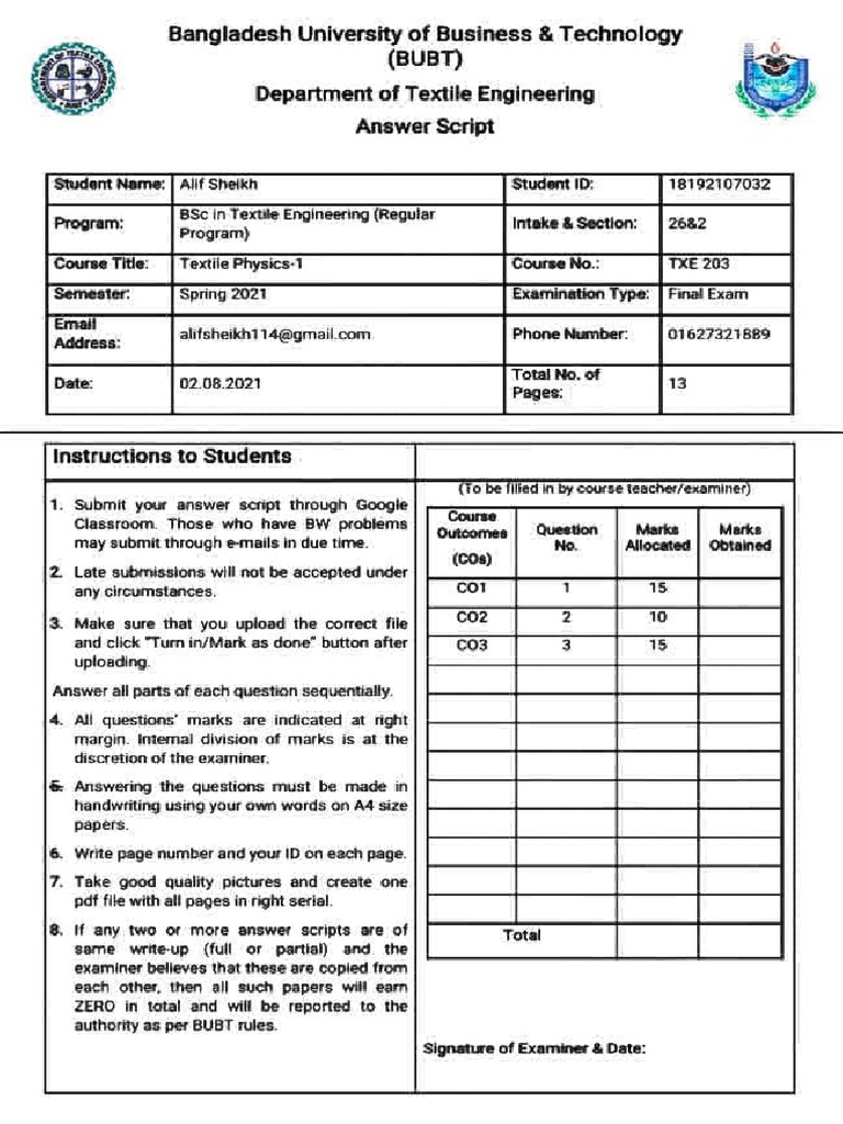 Textile Physics Exam Answer Script | PDF | Fibers | Materials