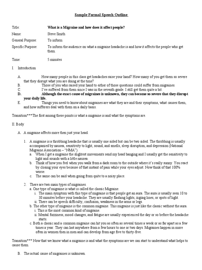 Sample Formal Speech Outline | PDF | Migraine | Headache