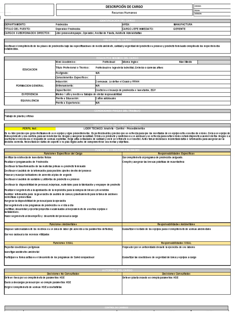 Descripción de Cargo Supervisor | PDF | Calidad (comercial) | Seguridad y salud ocupacional