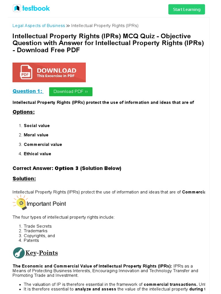 Intellectual Property Rights (Iprs) MCQ Quiz - Objective Question With ...