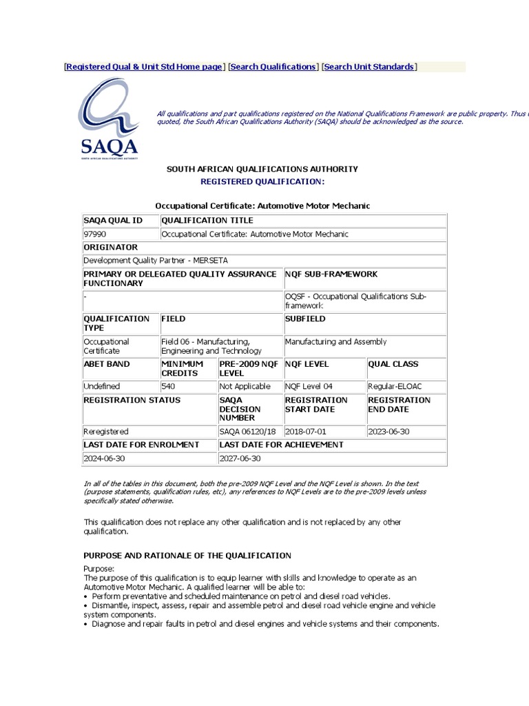 Automotive Motor Mechanic Certificate | PDF | Educational Assessment ...