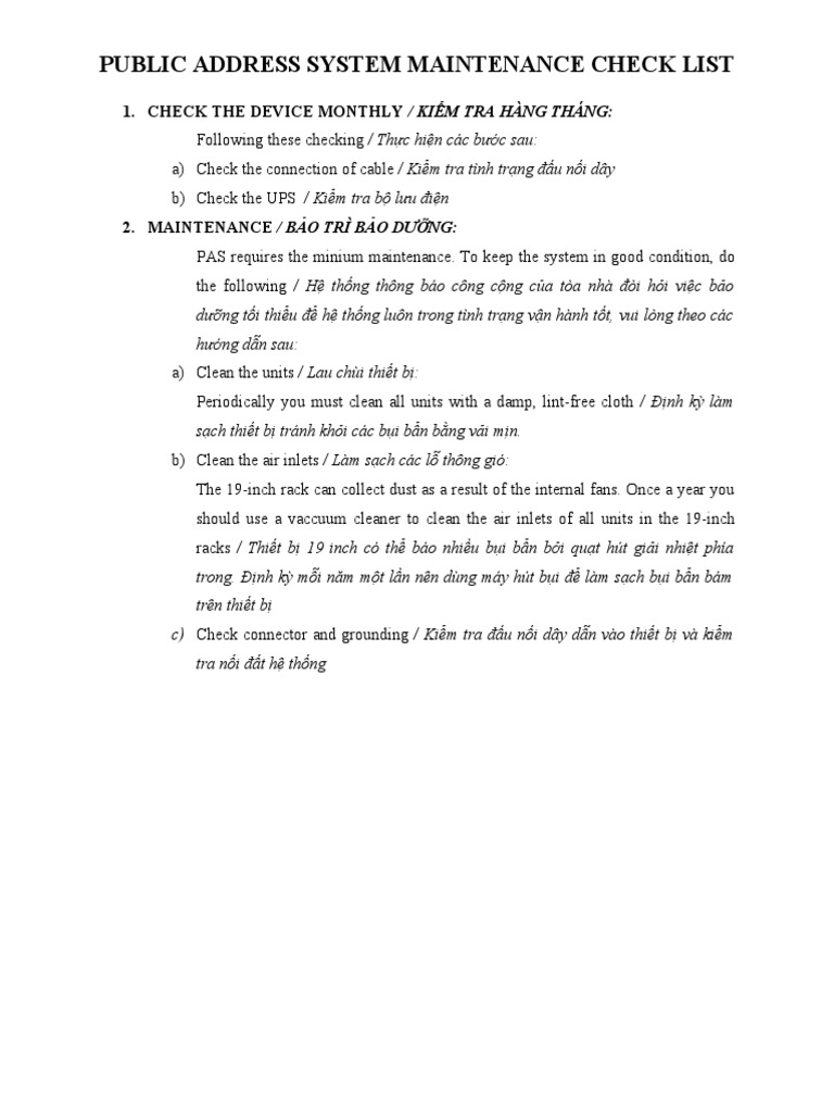 Public Address System Maintenance Check List | PDF