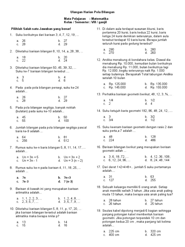Ulangan Harian Pola Bilangan Kelas 8 | PDF