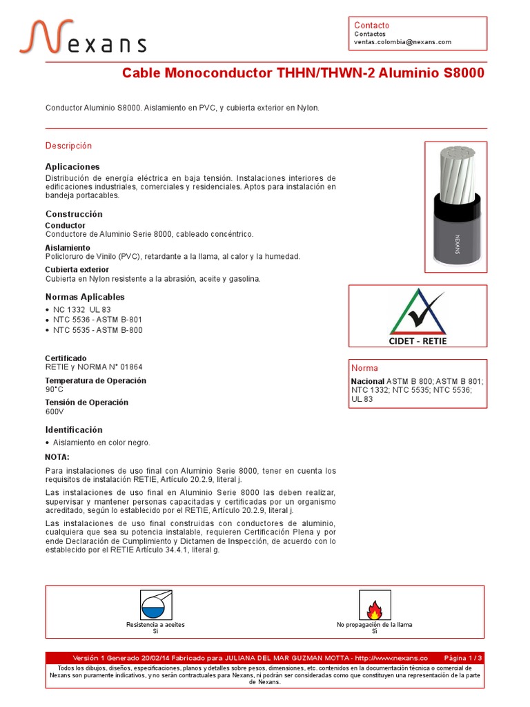 Cable NEXde Aluminio Serie 8000 THHN | PDF | Aislador (Electricidad ...