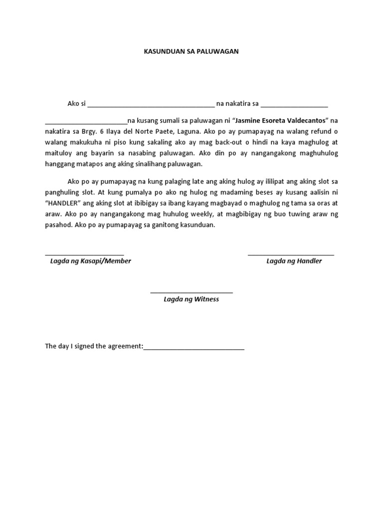 Kasunduan Sa Paluwagan | PDF
