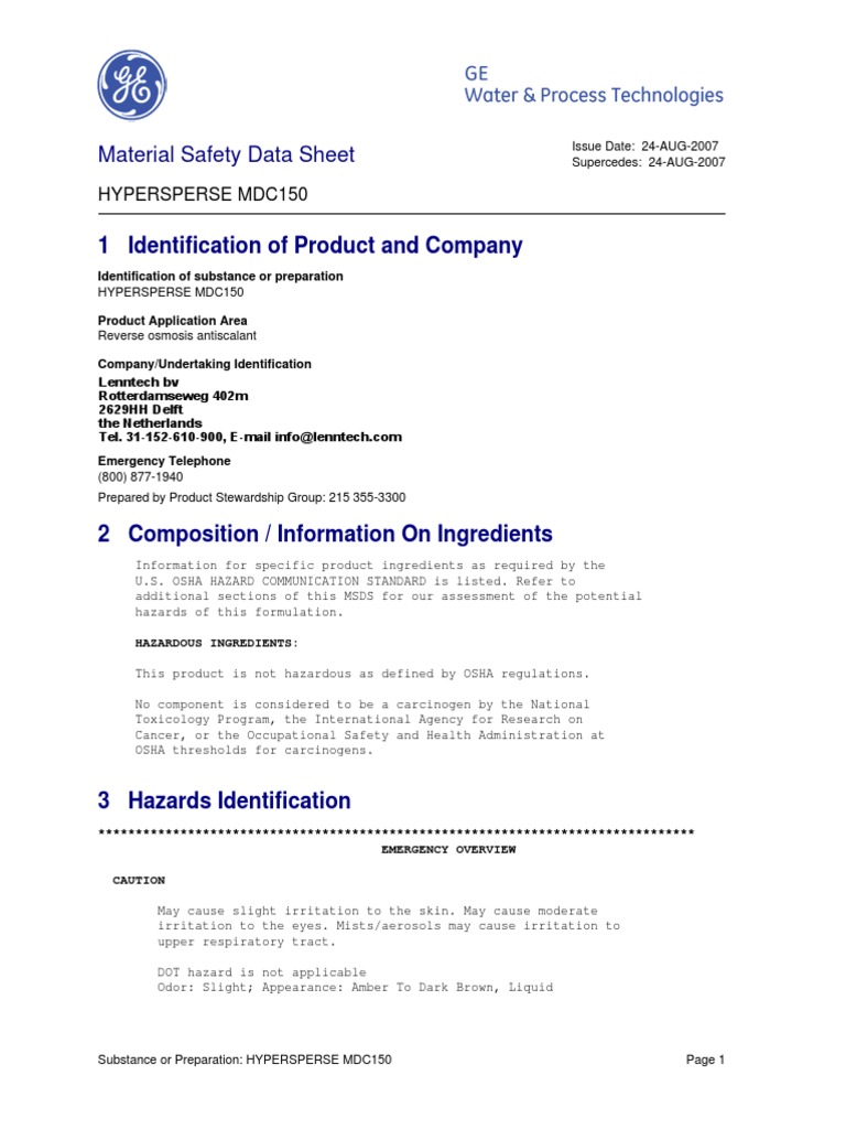Reverse Osmosis Antiscalant Material Safety Data Sheet: HYPERSPERSE MDC150 | PDF | Personal ...