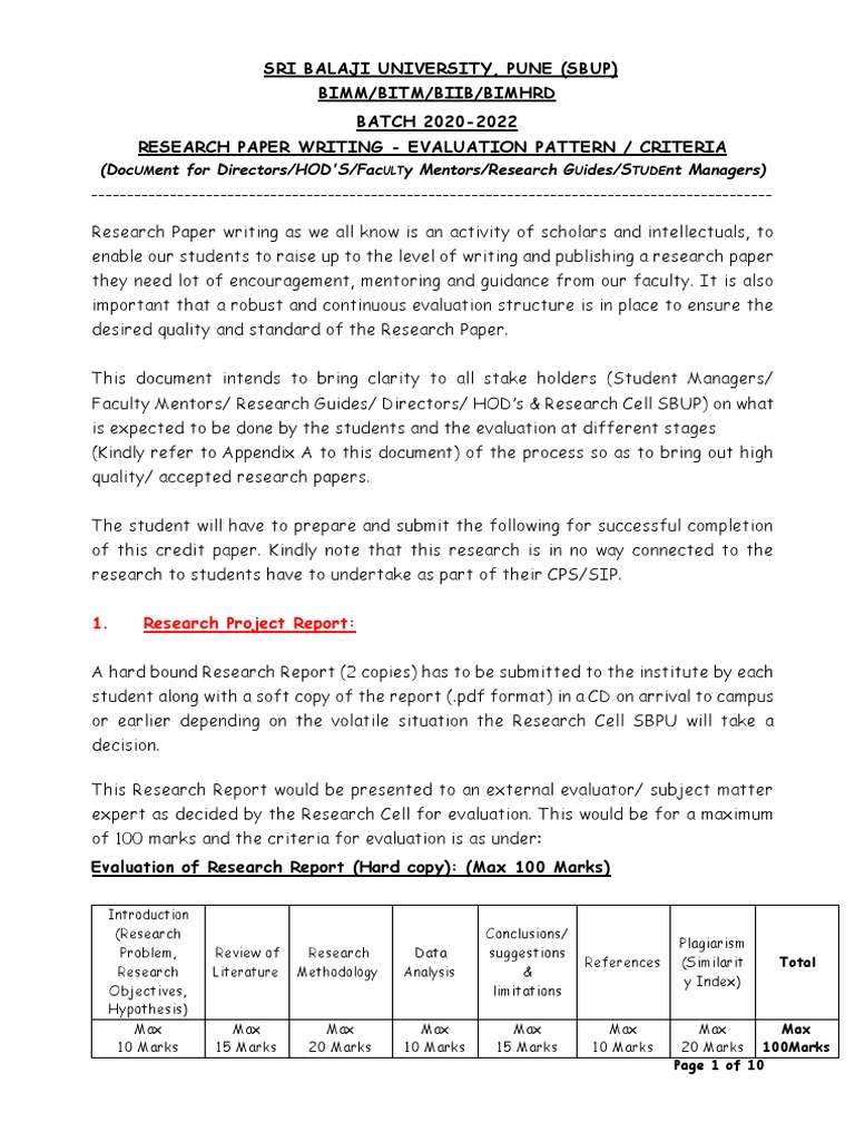 Evaluation Pattern and Criteria for Research Paper Writing at Sri ...