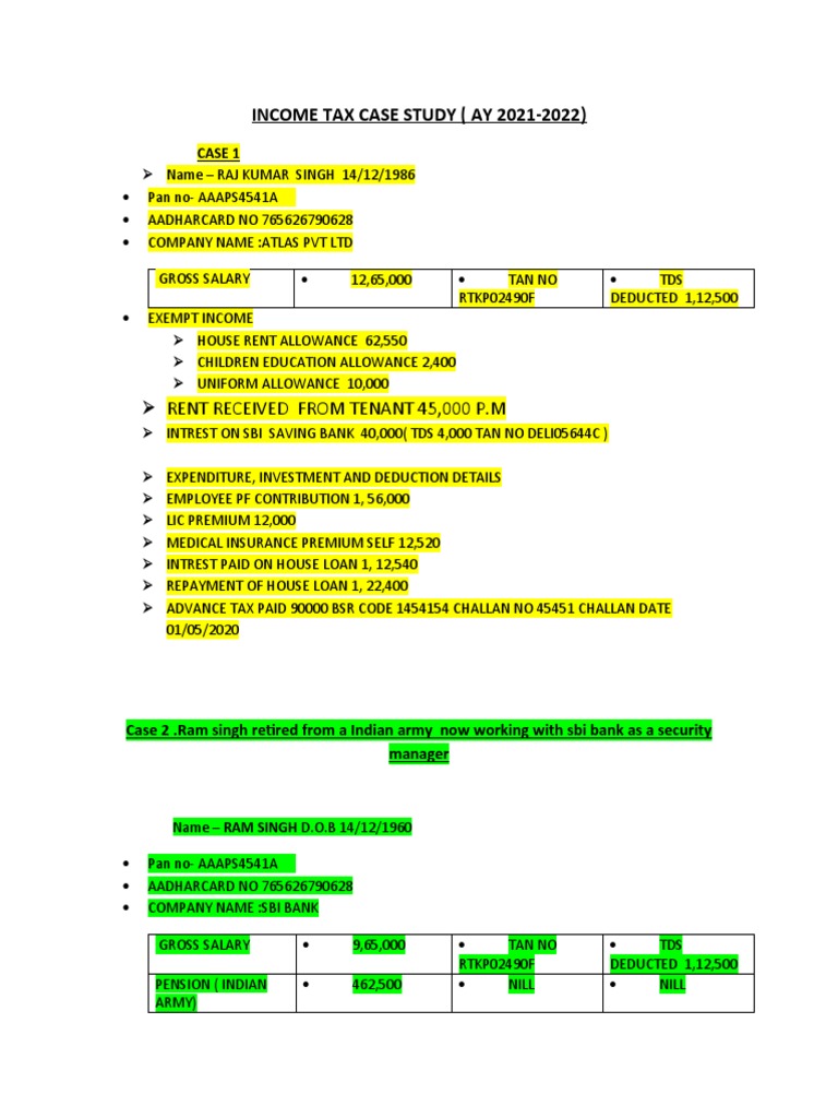 Income Tax Case Studies AY 2021-22 | PDF | Loans | Insurance