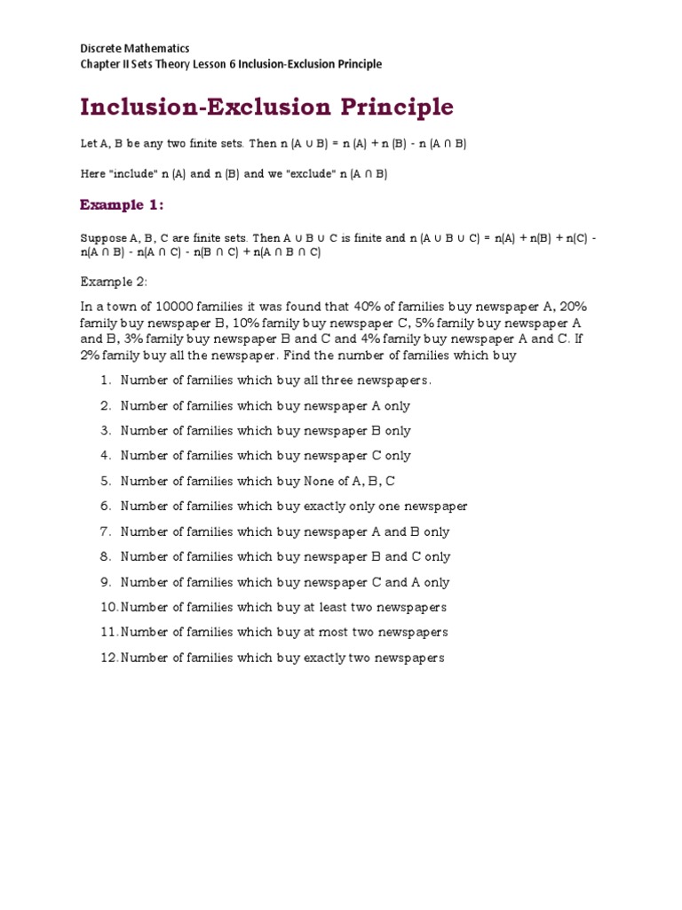Chapter 2 Set Theory Lesson 6 Inclusion Exclution Principle | PDF ...
