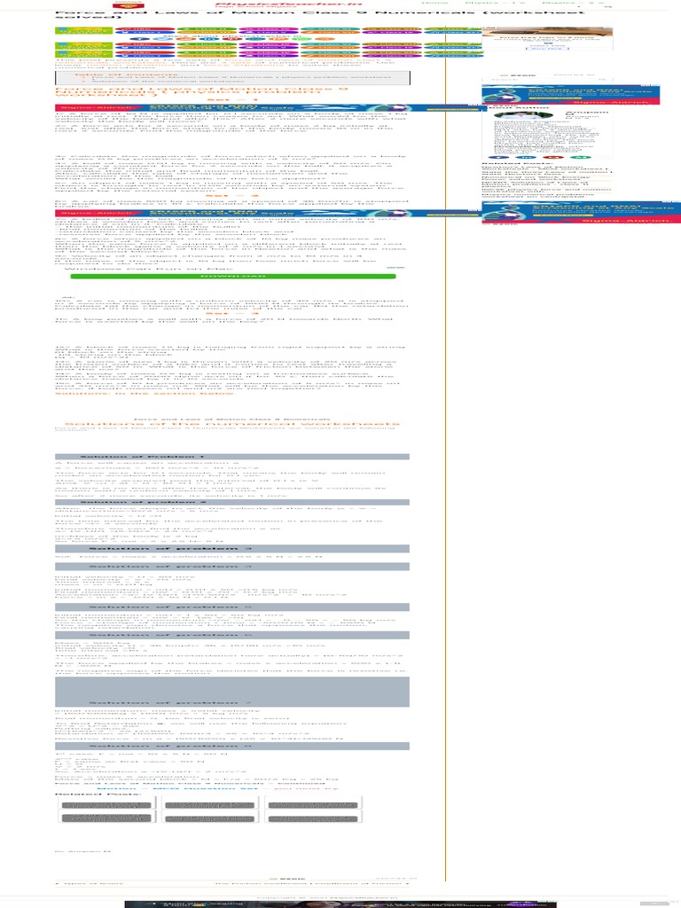 Force and Laws of Motion Class 9 Numericals (Worksheet Solved) 2 | PDF ...
