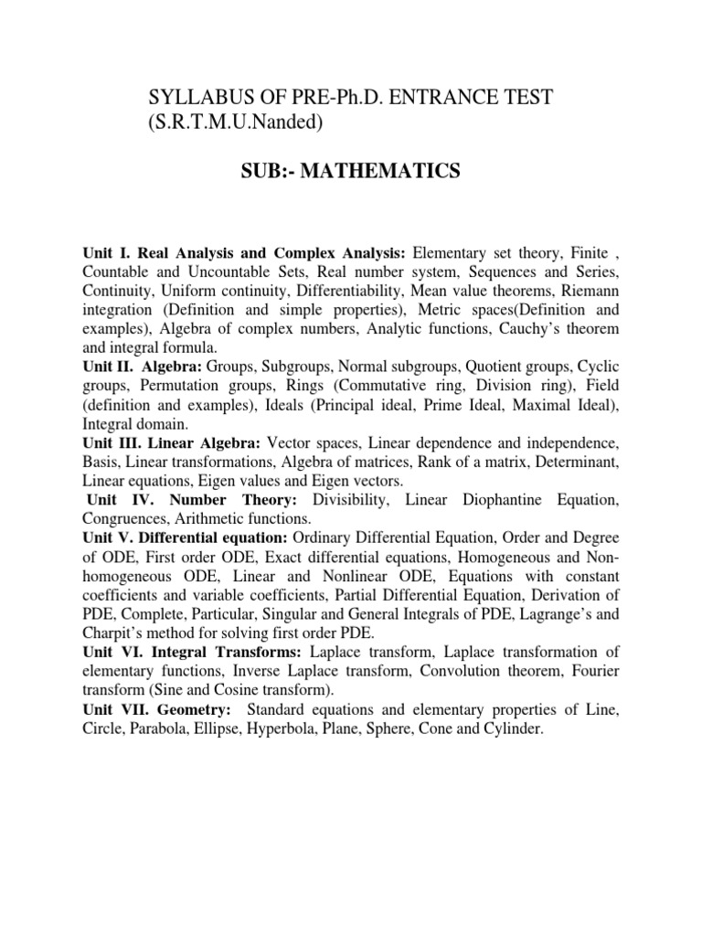 Pre-Ph.D. Math Entrance Syllabus | PDF | Ordinary Differential Equation ...
