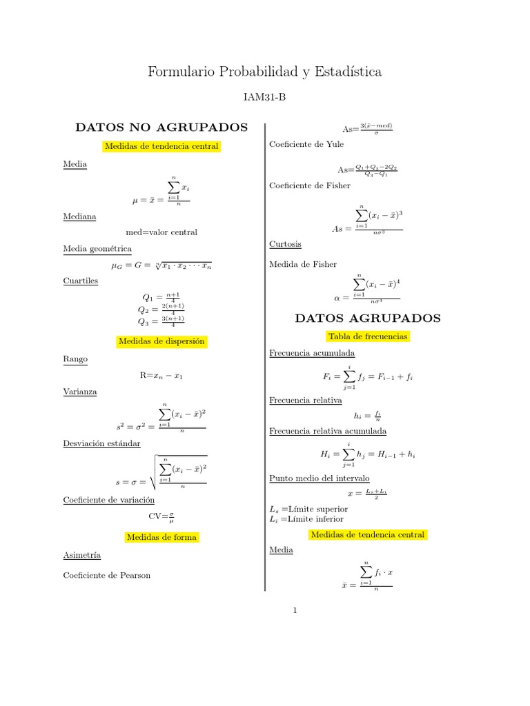 Formulario Probabilidad y Estadística | PDF | Estadísticas | Análisis estadístico