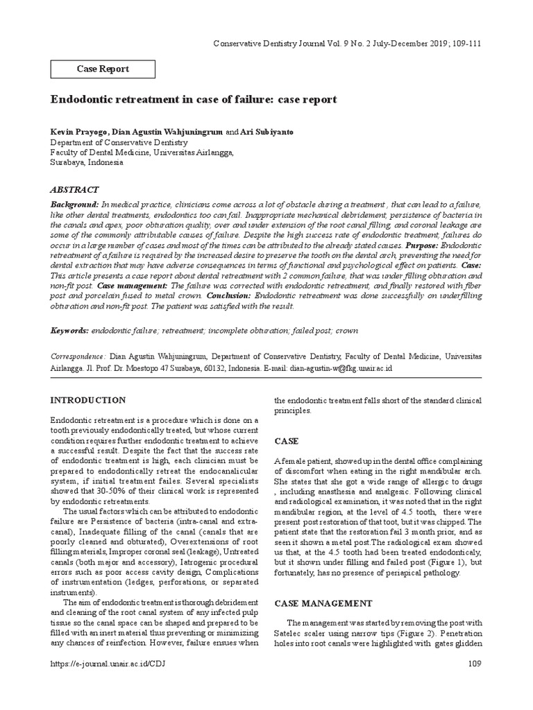 Endodontic Retreatment in Case of Failure: Case Report | PDF | Dentistry | Clinical Medicine