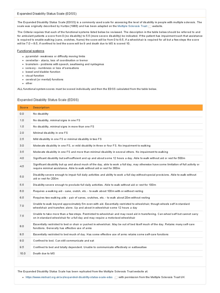 Expanded Disability Status Scale (EDSS) | PDF | Wheelchair | Disability