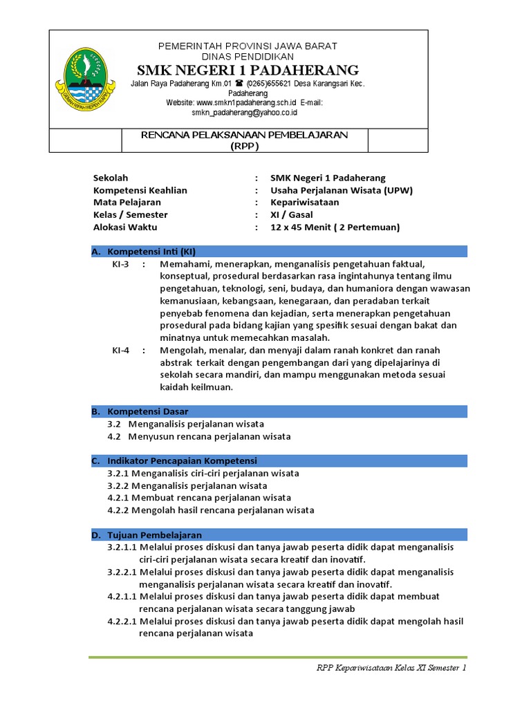 SMK Negeri 1 Padaherang: Rencana Pelaksanaan Pembelajaran (RPP) | PDF