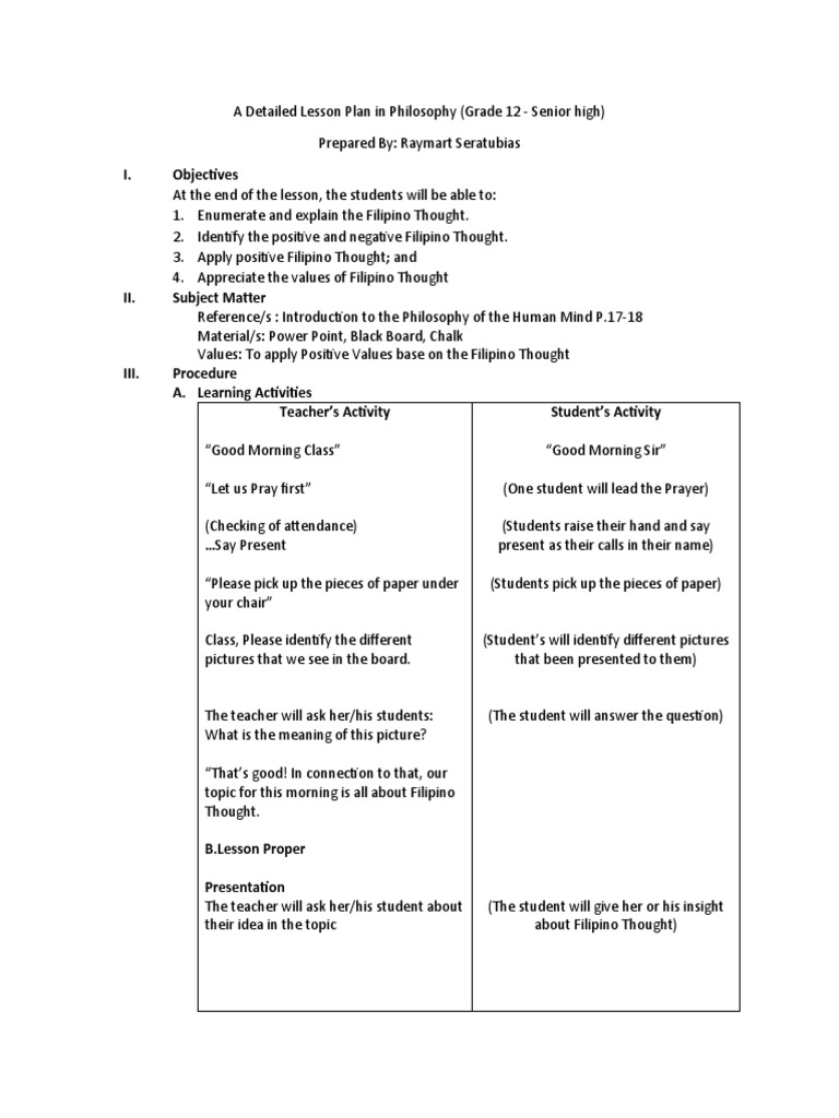 A Detailed Lesson Plan in Philosophy | PDF | Lesson Plan | Teachers