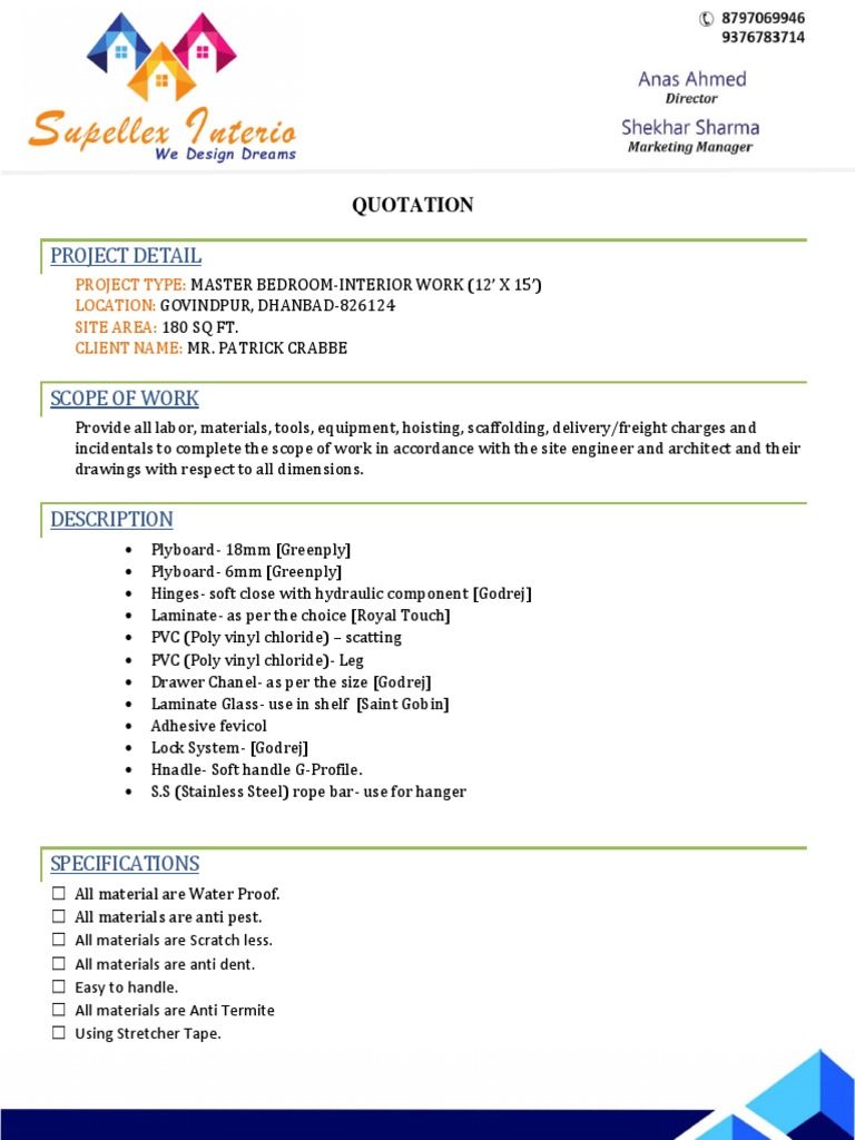 Quotation-Master Bedroom Interior Works (Supellex Interio) | PDF