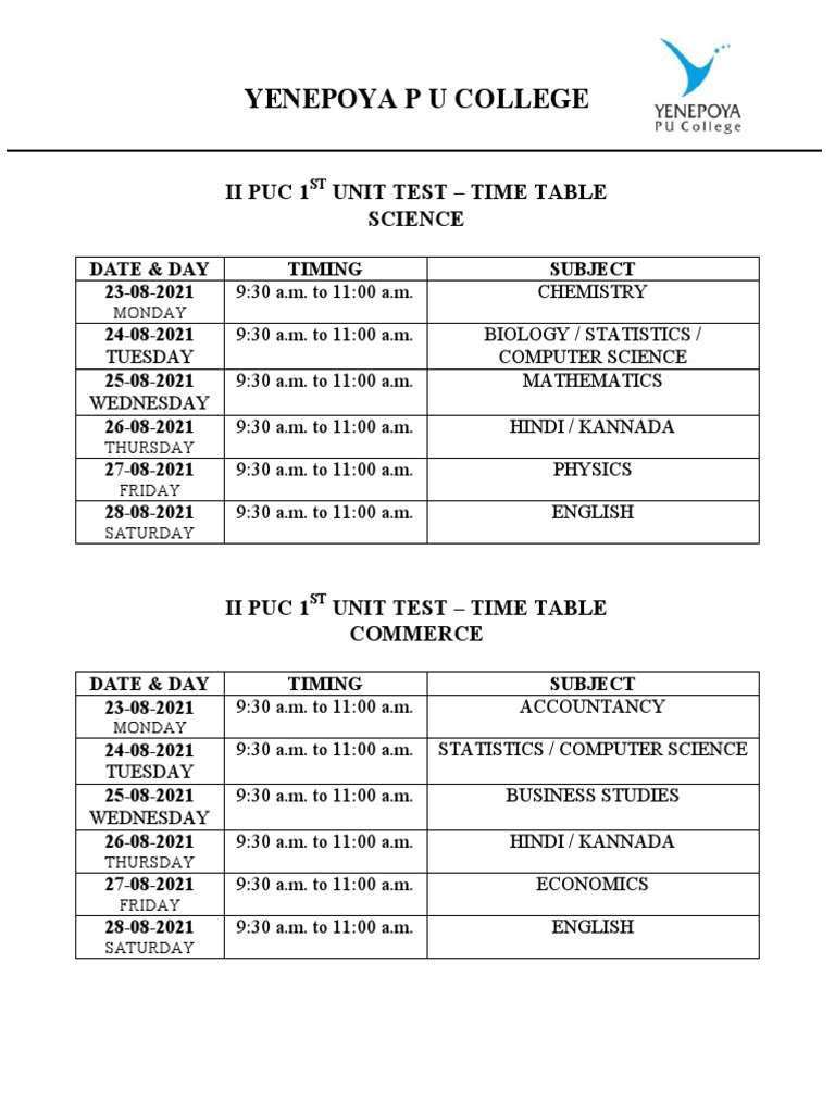 II PUC 1st Unit Test Timetable | PDF | Science & Mathematics ...