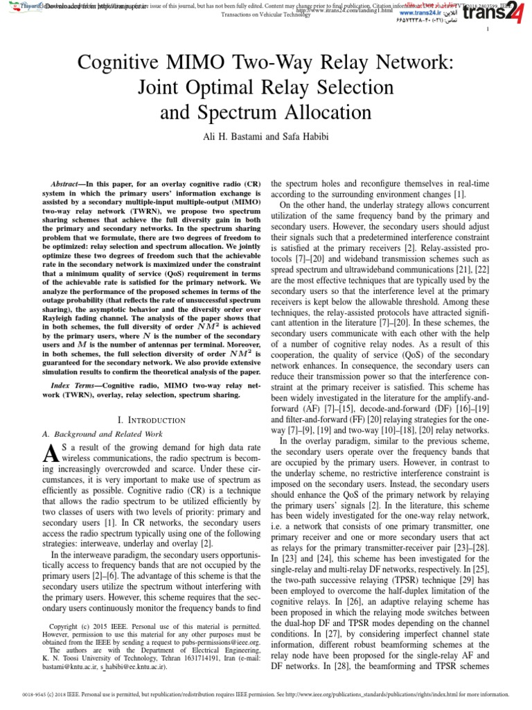 Cognitive Mimo Two Way Relay Network Joint Optimal Relay Selection And Spectrum Allocation Pdf