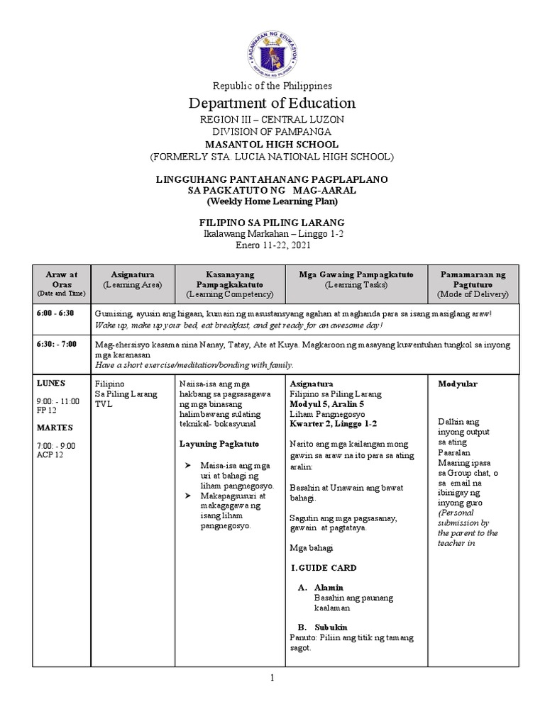 WHLP Week 1 1st SEM TVL FSPL Grade 12 Filipino | PDF