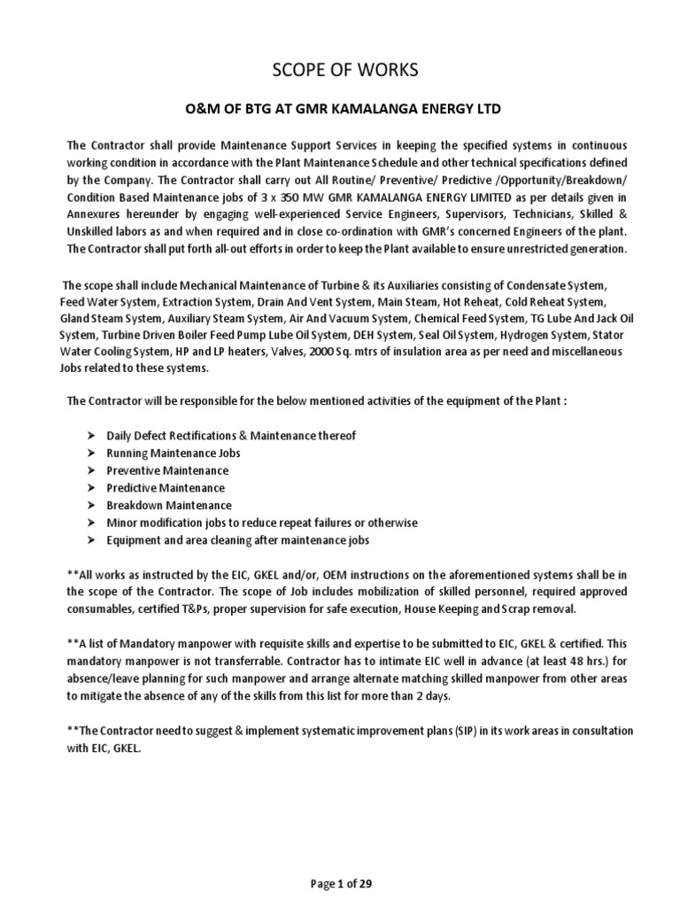 Scope of Work - O&M of BTG at GKEL-2021-2022 | PDF | Furnace | Boiler