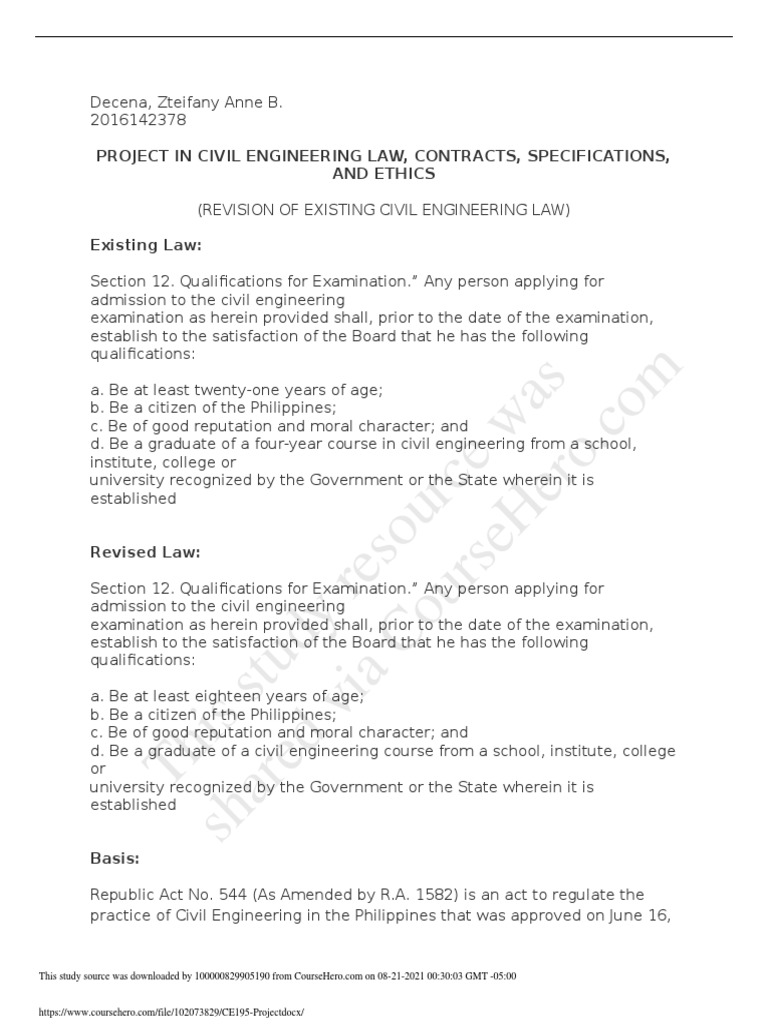 This Study Resource Was: Project in Civil Engineering Law, Contracts, Specifications, and Ethics ...
