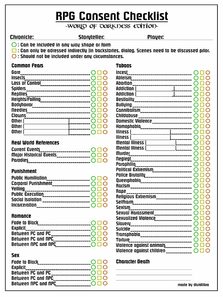 World of Darkness RPG Consent Checklist A4 | PDF