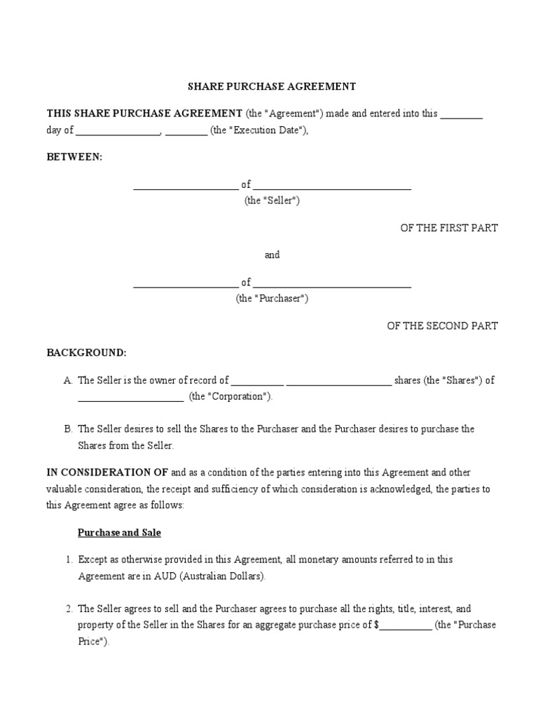 Share Purchase Agreement Australia | PDF | Sales | Securities (Finance)