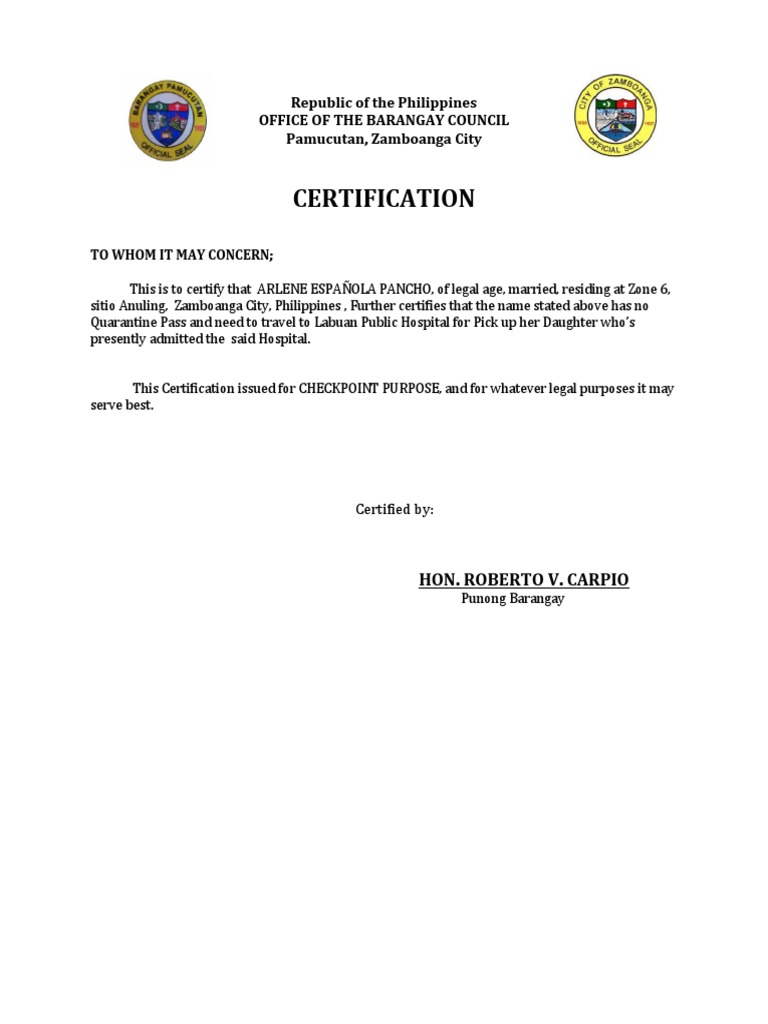Certification: Republic of The Philippines Office of The Barangay ...