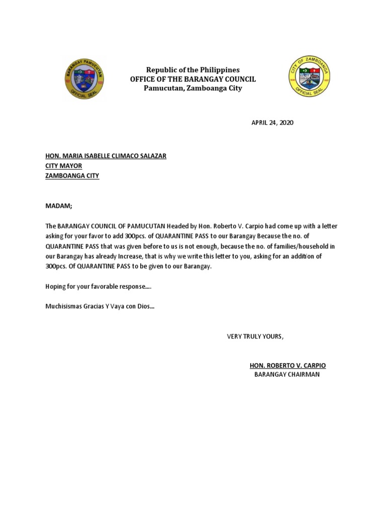 Request Letter For Quarantine Pass | PDF