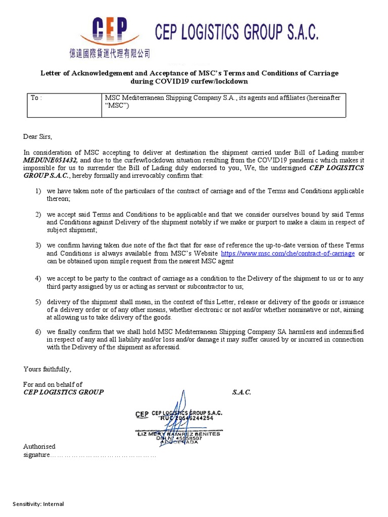 LOA of MSC Contract of Carriage TCS - COVID19 | PDF | Bill Of Lading ...