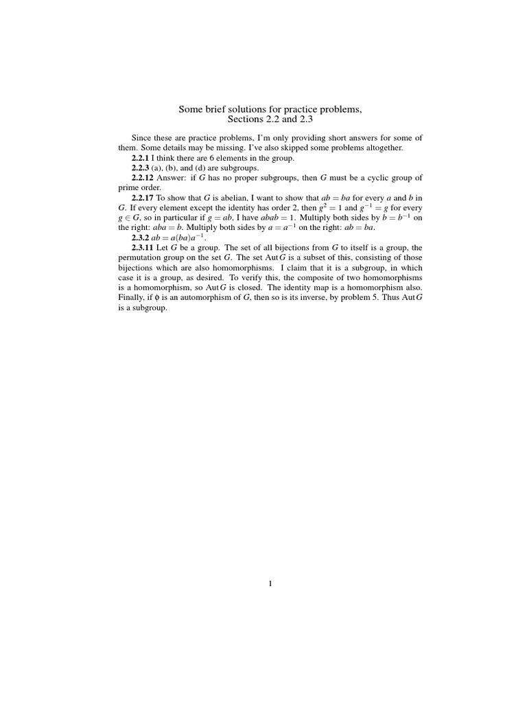 Solutions to Group Theory Practice Problems | PDF | Group (Mathematics ...