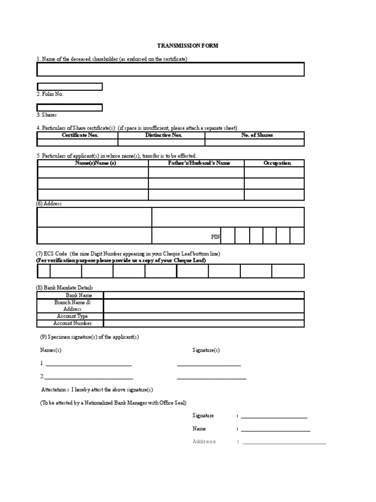 Transmission Form: Address | PDF | Indemnity | Will And Testament
