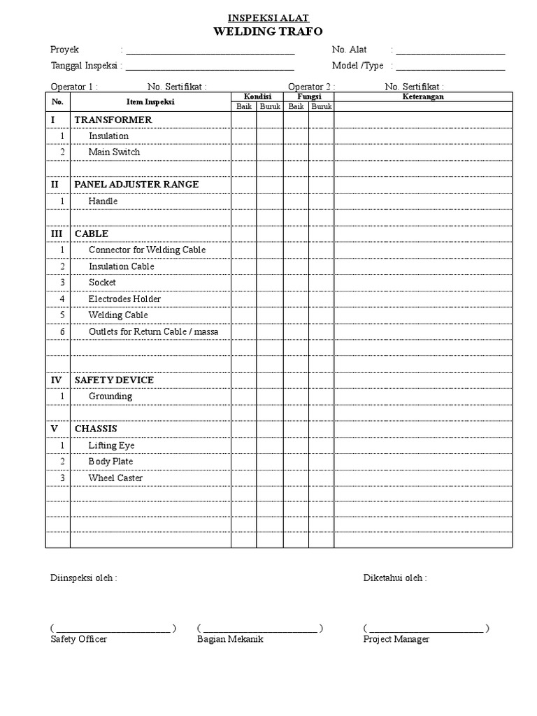 Form Inpeksi Welding Trafo | PDF