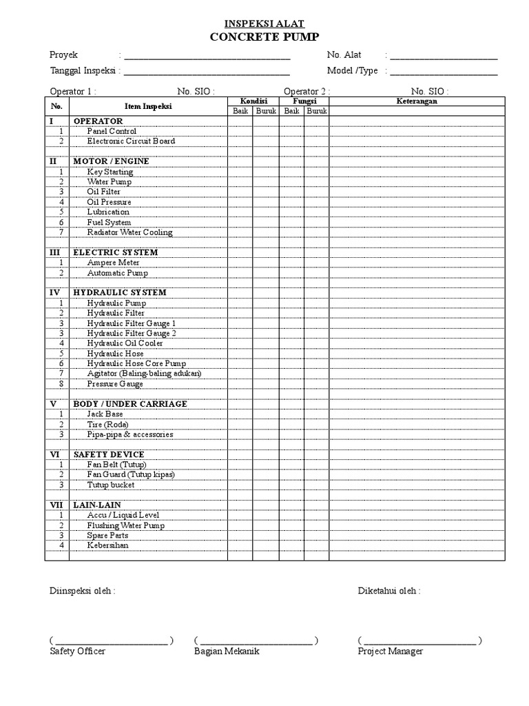 Form Inspeksi Concrete Pump | PDF