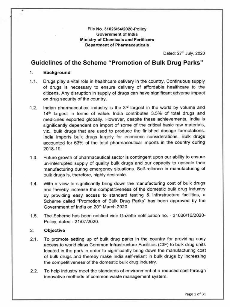 Guidelines for Bulk Drug Parks Scheme | PDF | Subsidy | Infrastructure
