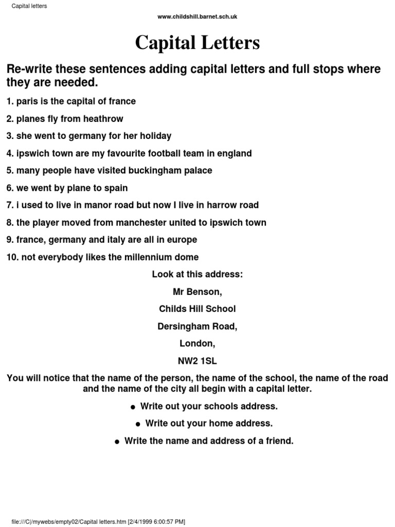 Capital Letters: Re-Write These Sentences Adding Capital Letters and ...
