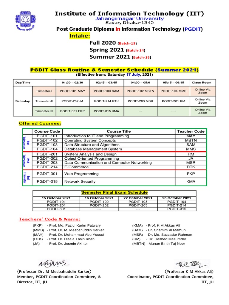 PGDIT Class Routine - Online Summer 2021 | PDF | Computer Data ...
