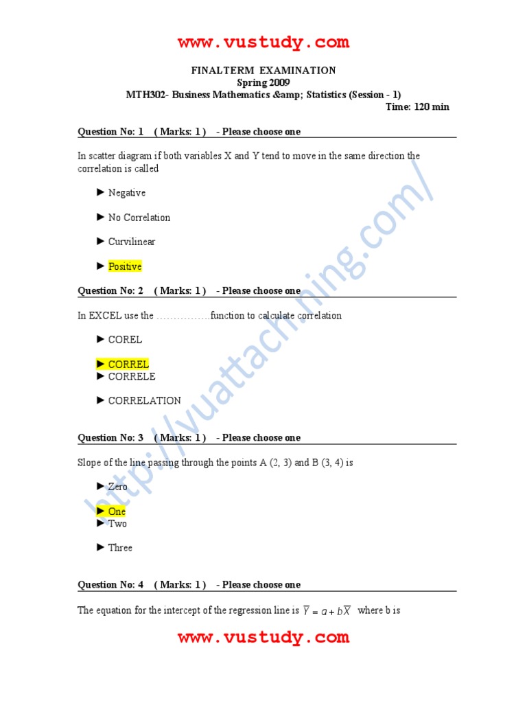 MTH302 Final Term Solved MCQs With Reference | PDF | Correlation And Dependence | Depreciation