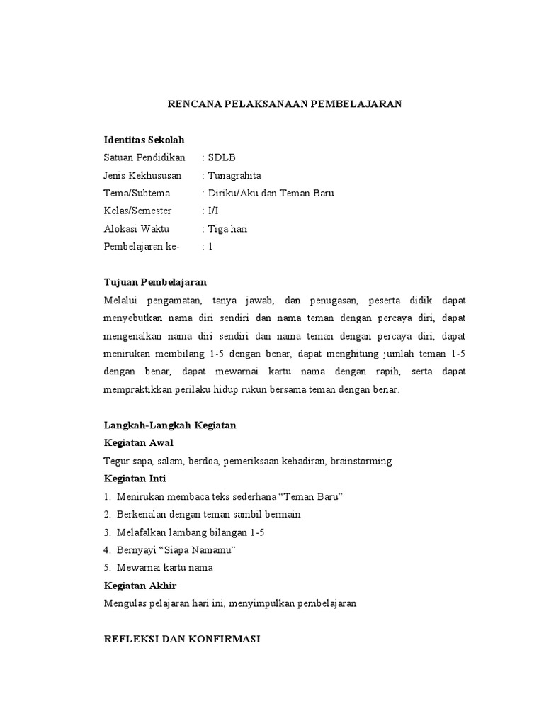 RPP Tema 1 Diriku Kelas 1 Tunagrahita | PDF | Karier & Perkembangan | Pengembangan Diri