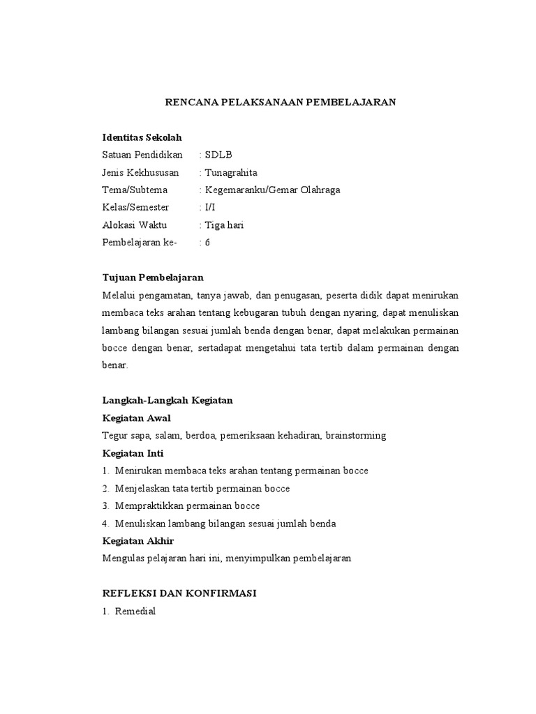RPP PB 6 Tema 2 Subtema 1 Kelas 1 Tunagrahita | PDF