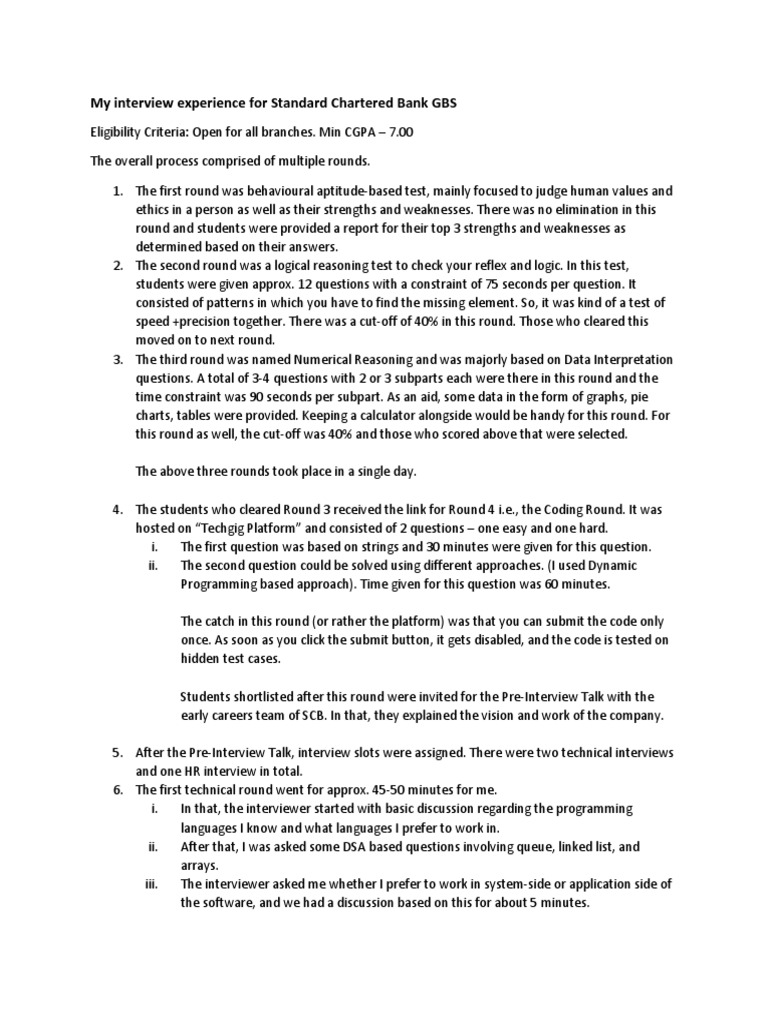My Interview Experience For Standard Chartered Bank GBS | PDF | Computer Programming | Computing
