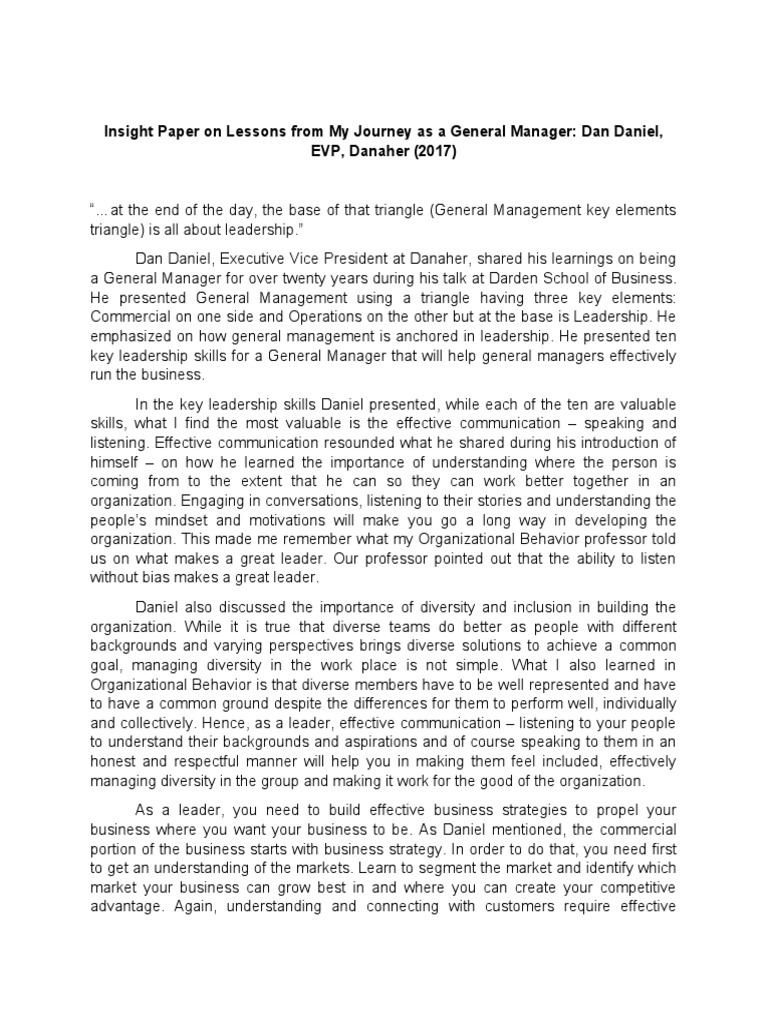 Insight Paper On Lessons From My Journey As A General Manager | PDF ...