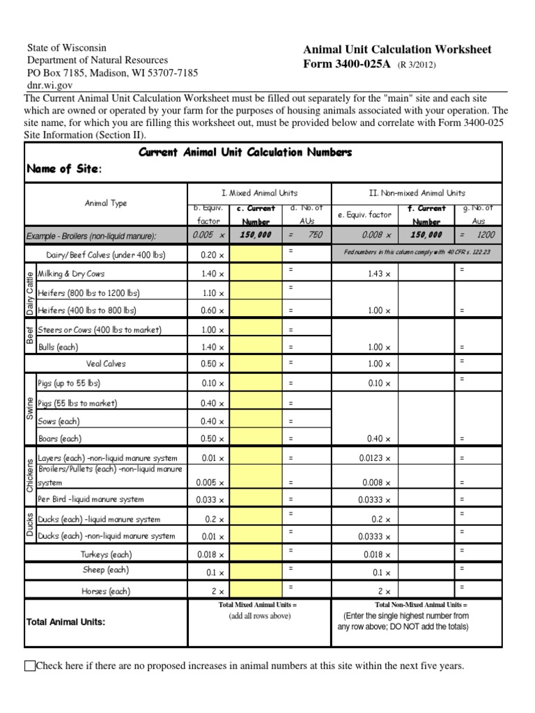 Current Animal Unit Calculation Numbers Name of Site | PDF | Cattle | Calf