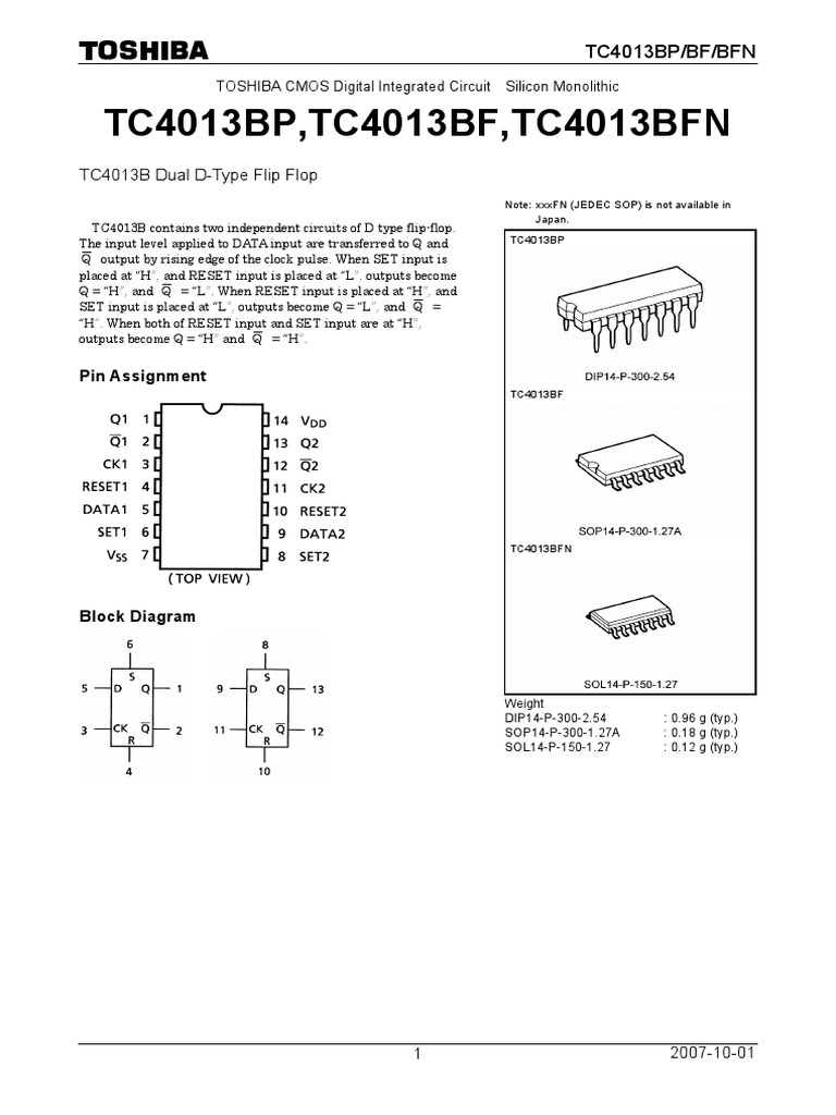 TC4013BP, TC4013BF, TC4013BFN: TC4013B Dual D-Type Flip Flop | PDF ...
