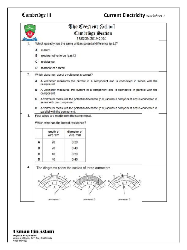 Current Electricity Worksheet 1 | PDF | Technology & Engineering