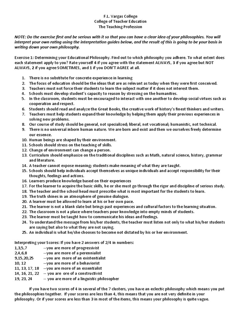 Teaching Philosophy - Exercise - Interpretation | PDF | Teachers | Learning