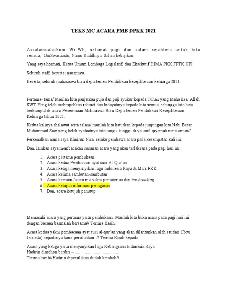Teks MC Acara PMB DPKK 2021 | PDF
