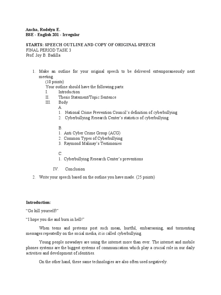 Ancha, Rodelyn E. STARTS Final Period Task 3 | PDF | Cyberbullying | Bullying